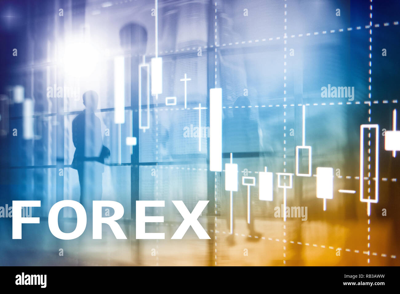 Forex trading, financial candle chart and graphs on blurred business ...