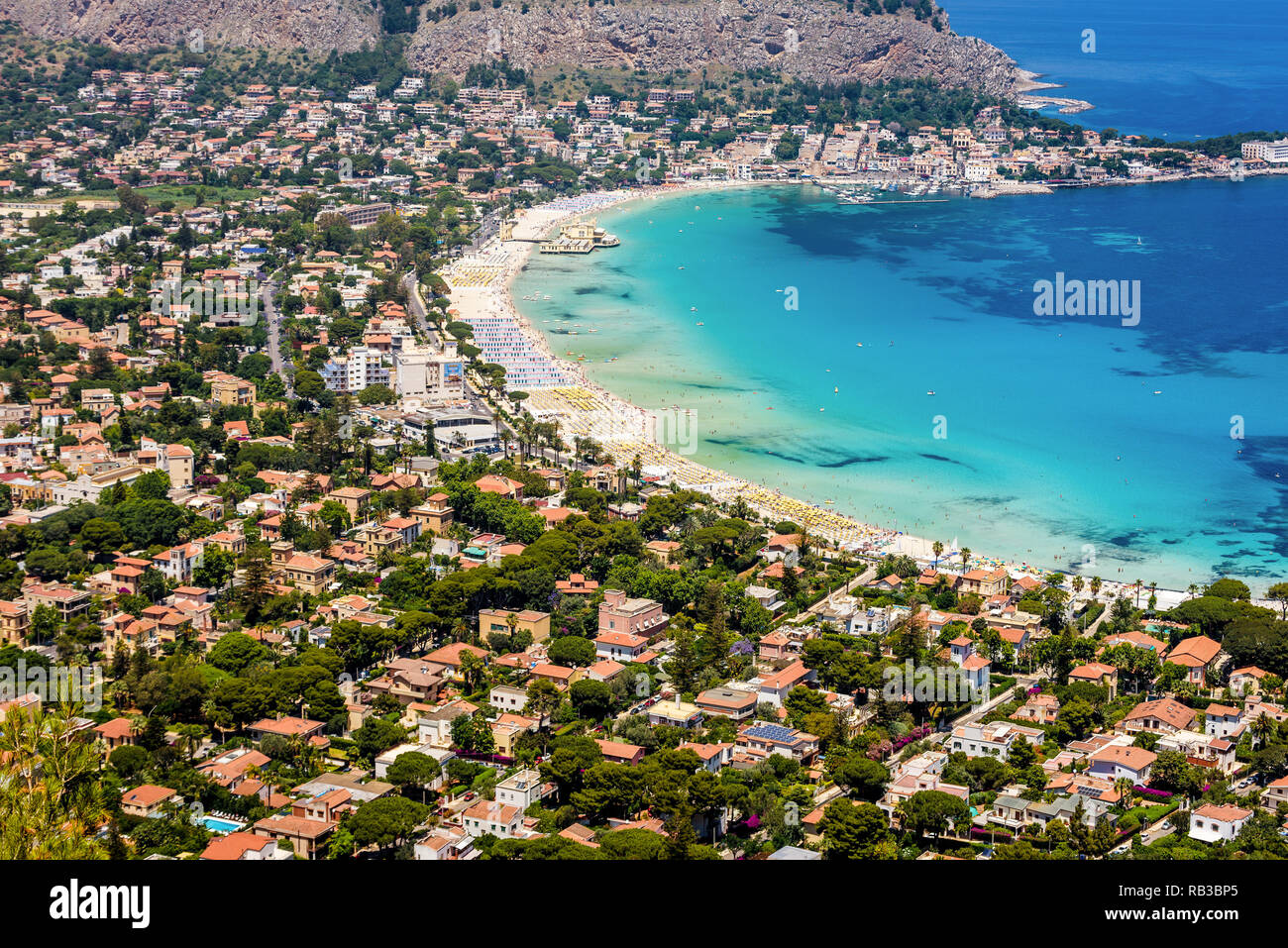 Aerial view of the seaside resort town of Mondello in Palermo, Sicily ...