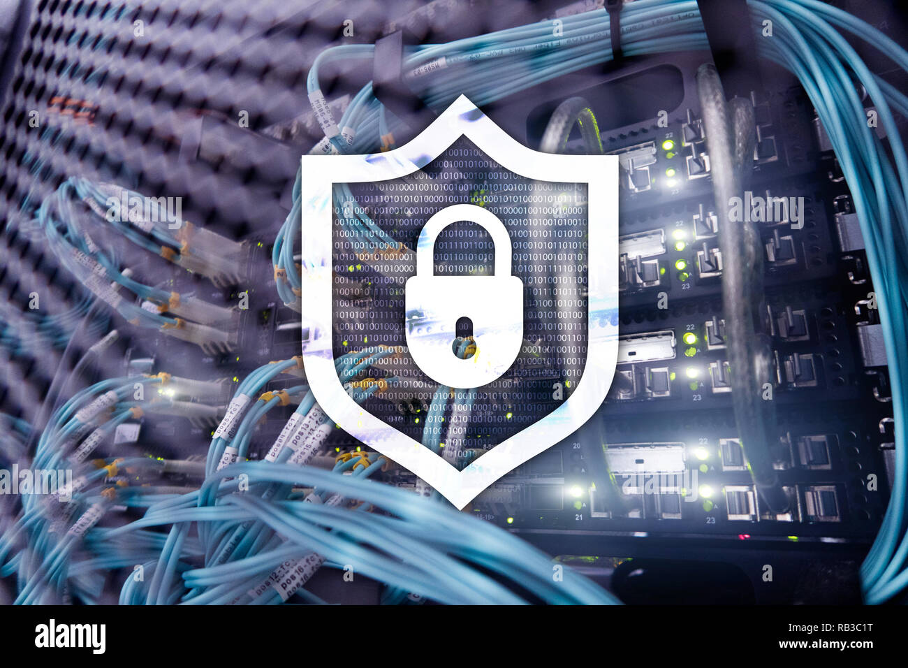 Cyber protection shield icon on server room background. Information ...