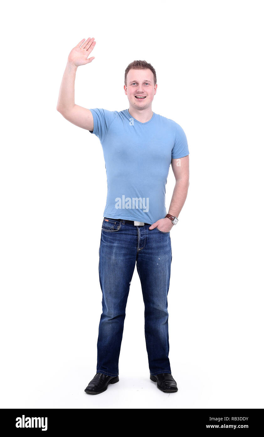 Smiling man raising hand Cut Out Stock Images & Pictures - Alamy