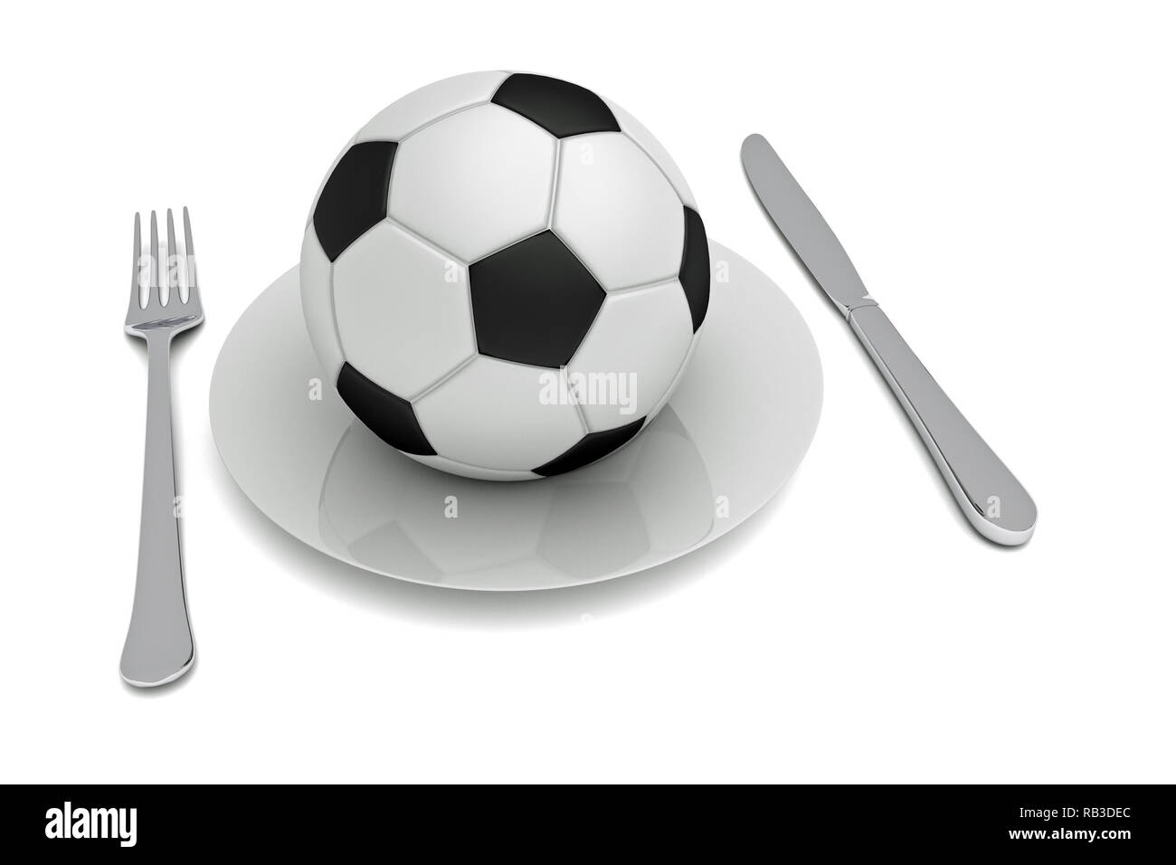 Soccer as food: football, plate and cutlery, 3d illustration Stock ...
