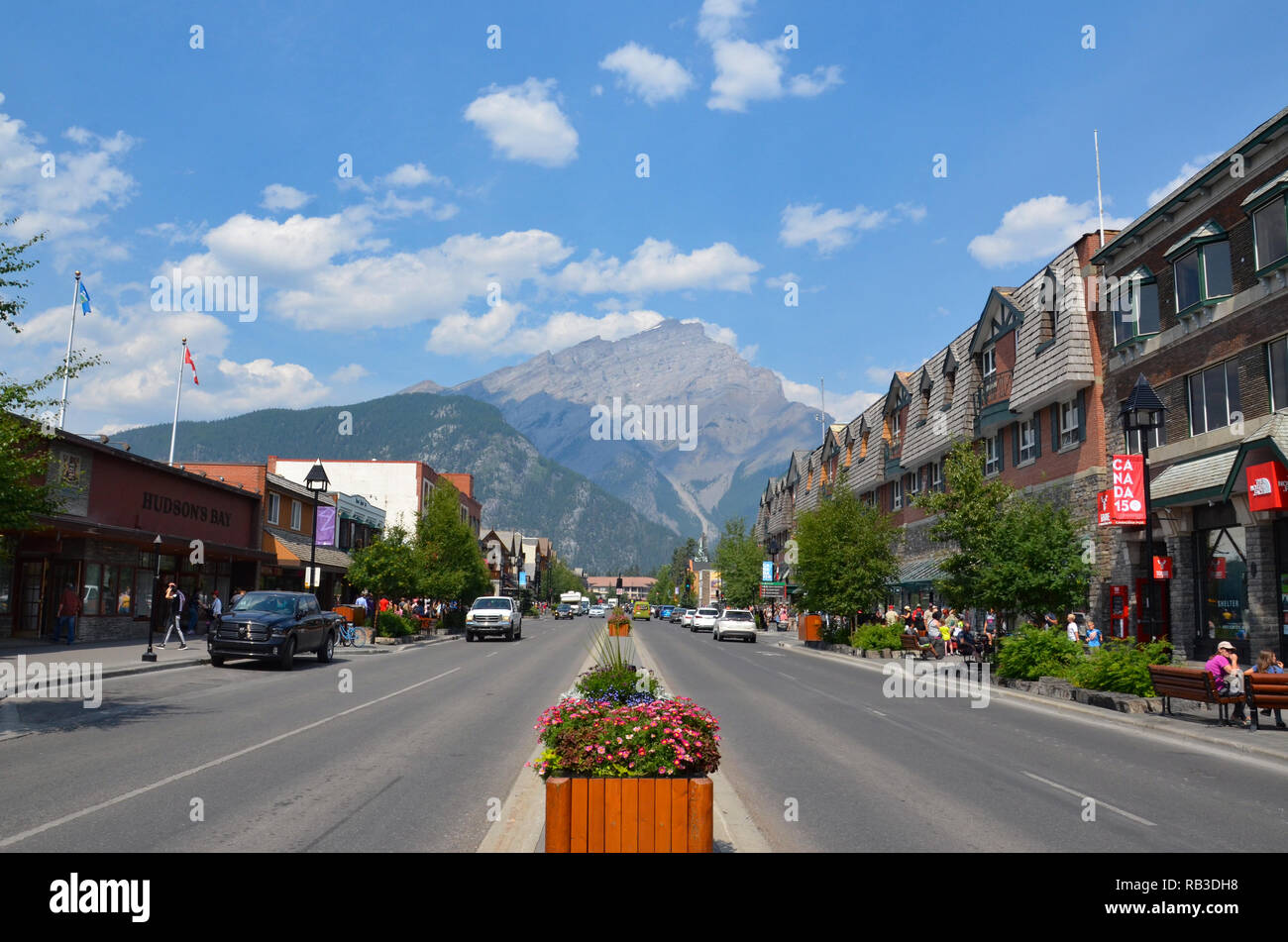 BANFF, AB / CANADA - JULY 27, 2017: Banff, whose Banff Avenue is shown ...