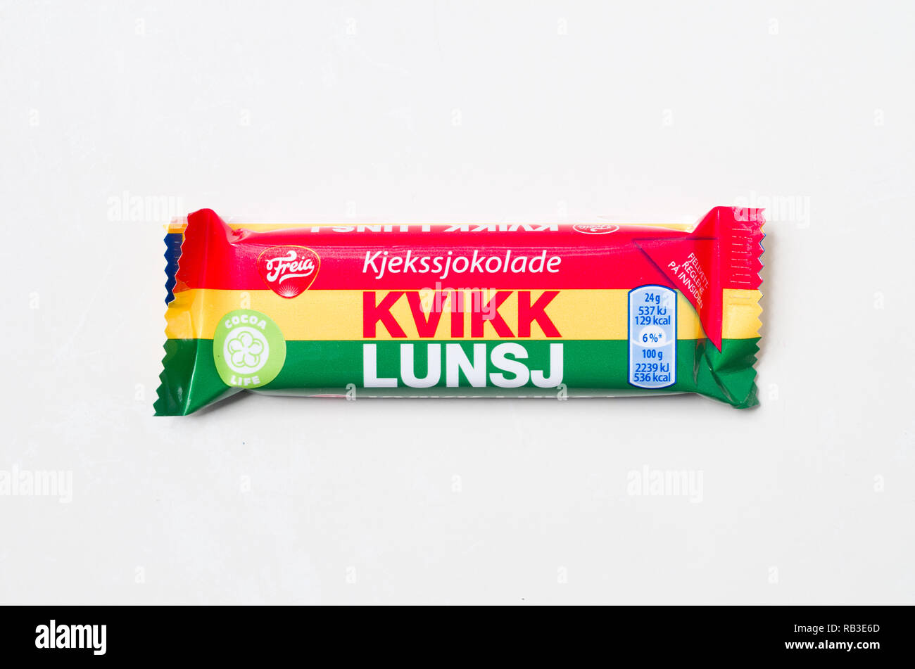 Norwegian traditional Kvikk Lunsj (smallest version) isolated on white ...