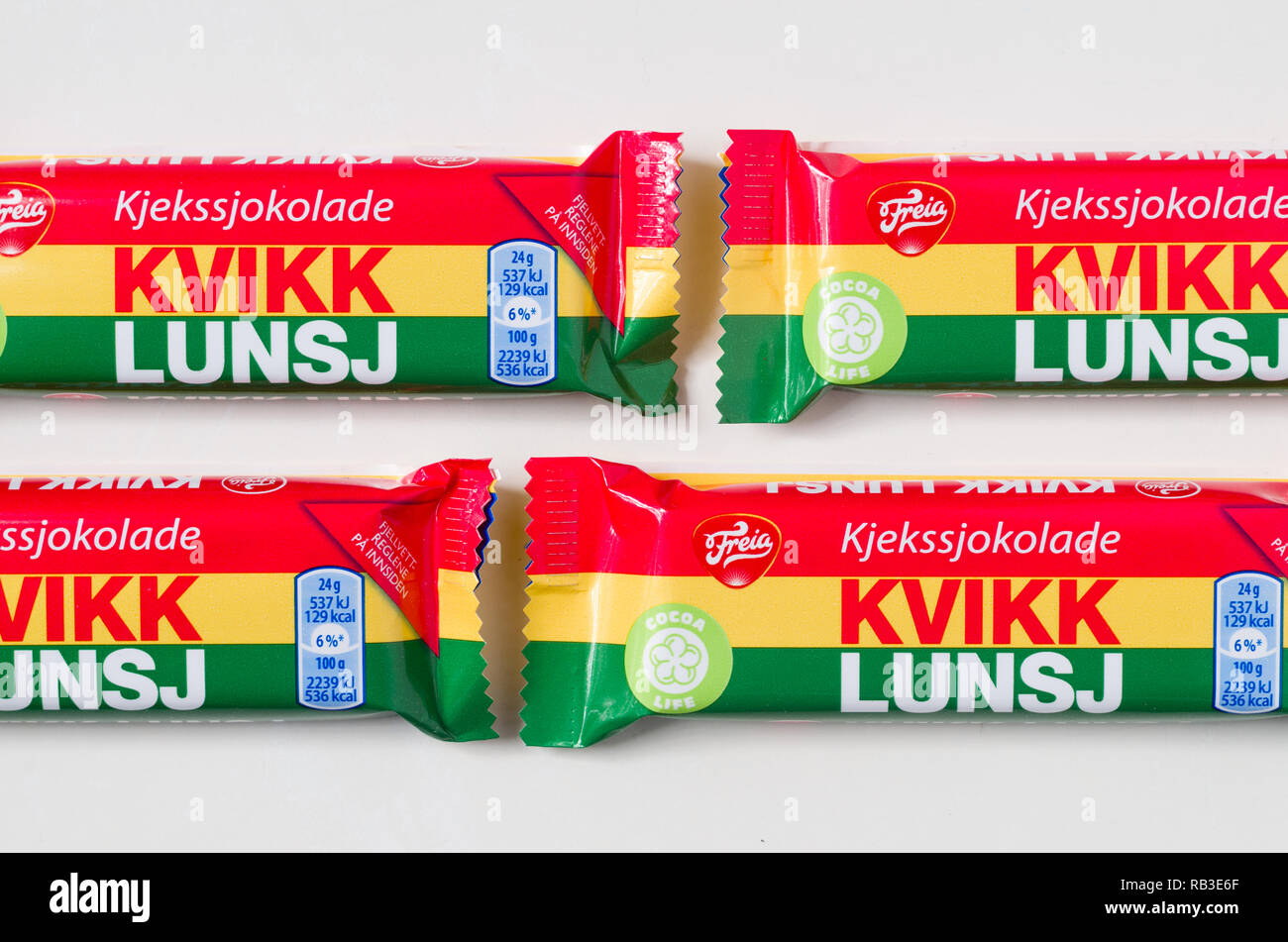 Norwegian traditional Kvikk Lunsj (smallest version) isolated on white ...