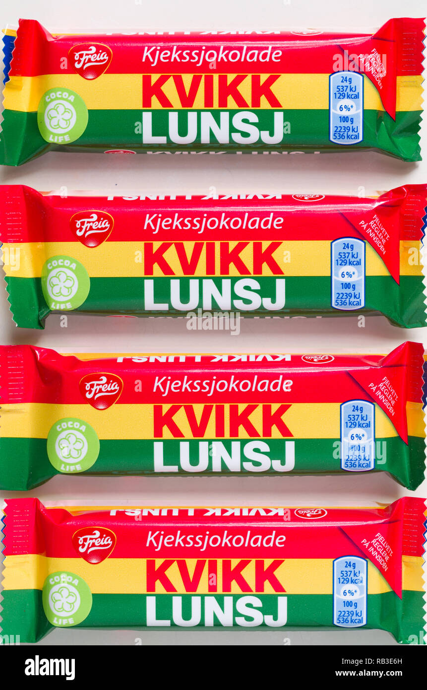 Norwegian traditional Kvikk Lunsj (smallest version) isolated on white ...