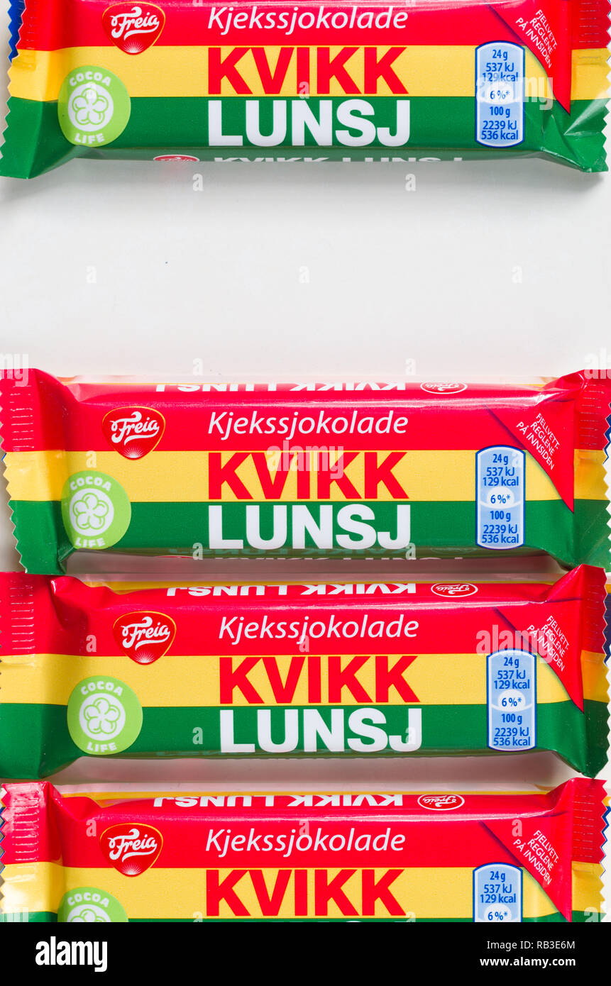 Norwegian traditional Kvikk Lunsj (smallest version) isolated on white ...