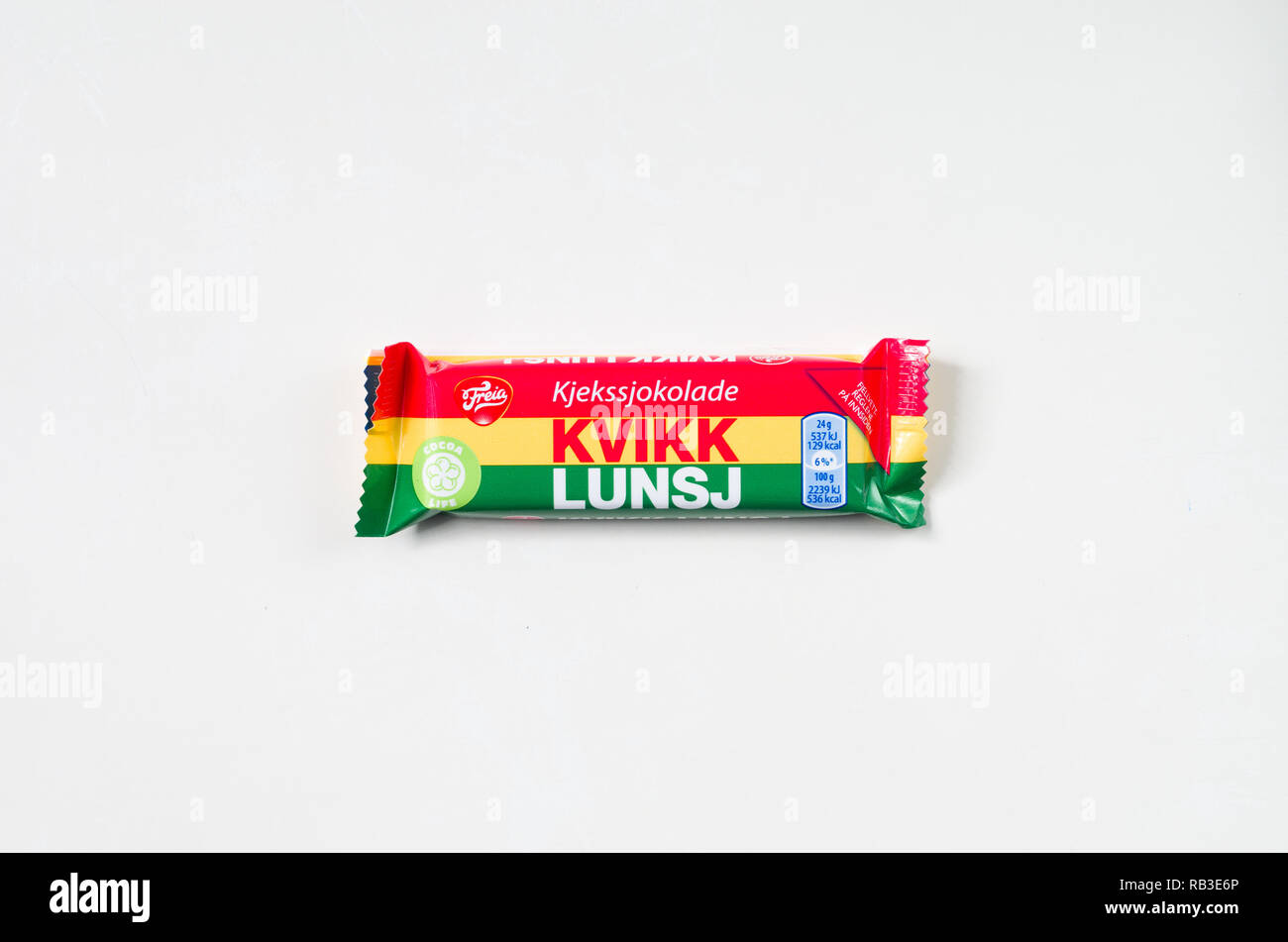 Norwegian traditional Kvikk Lunsj (smallest version) isolated on white ...