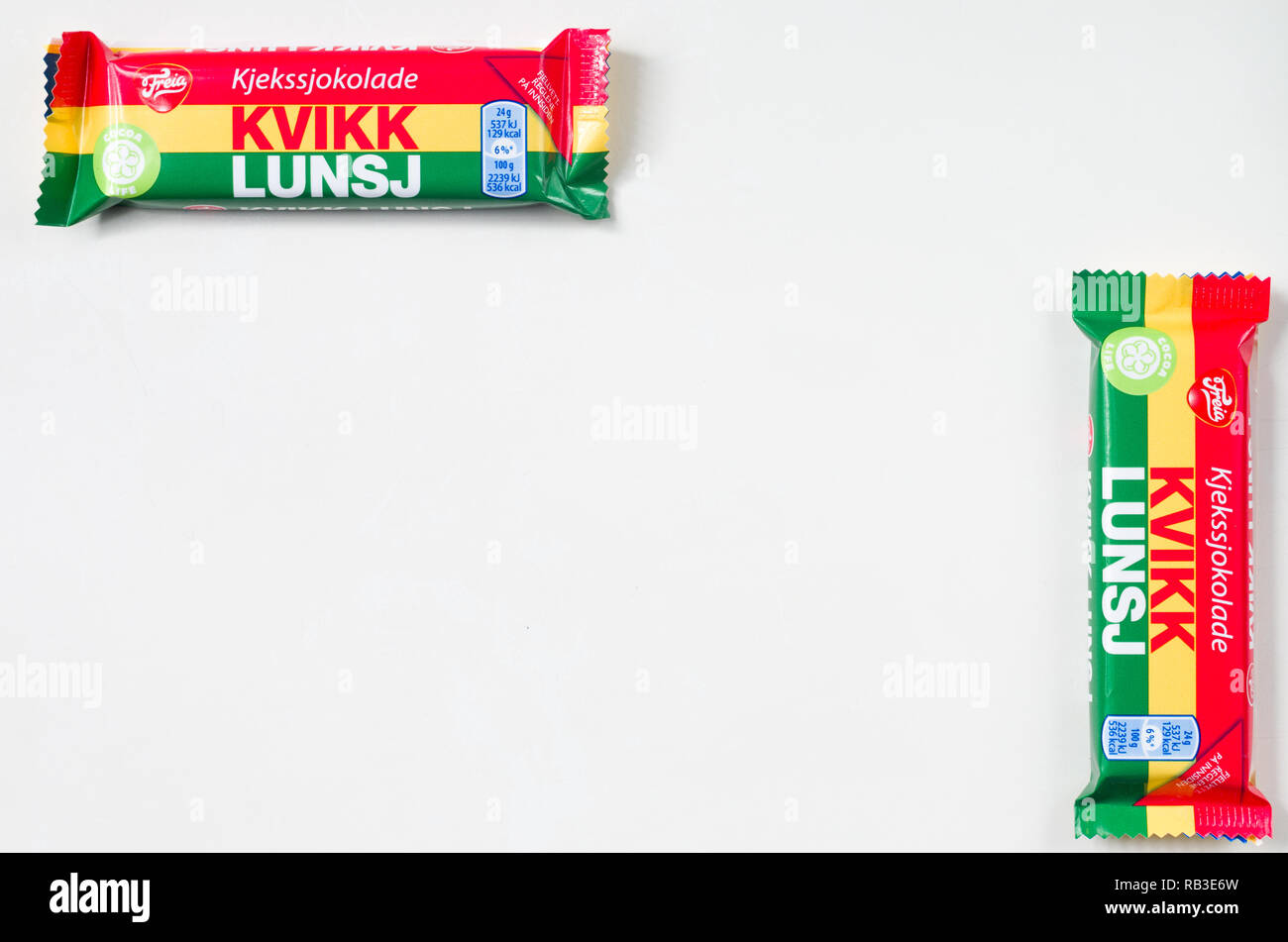 Norwegian traditional Kvikk Lunsj (smallest version) isolated on white ...