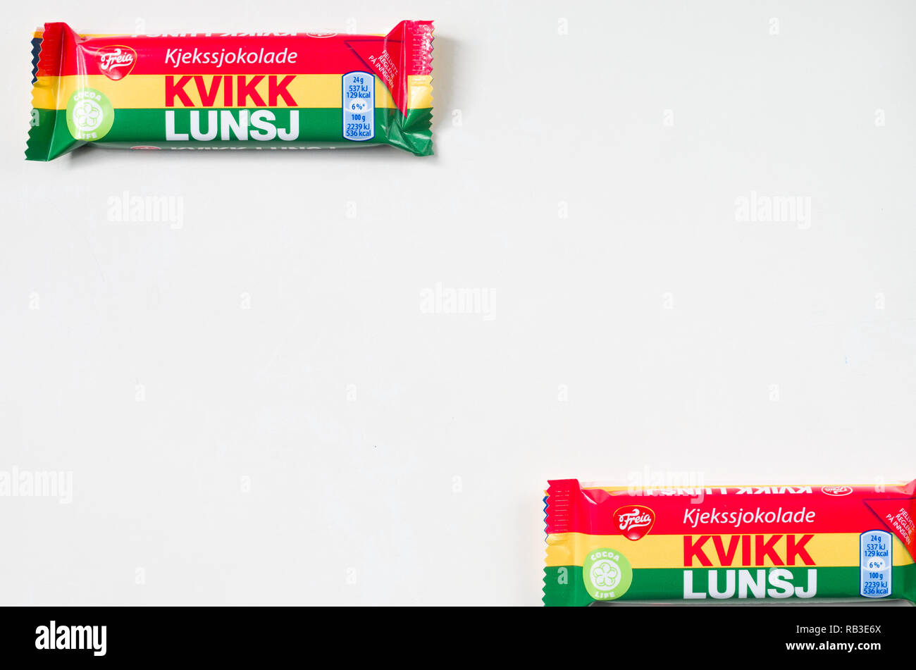 Norwegian traditional Kvikk Lunsj (smallest version) isolated on white ...