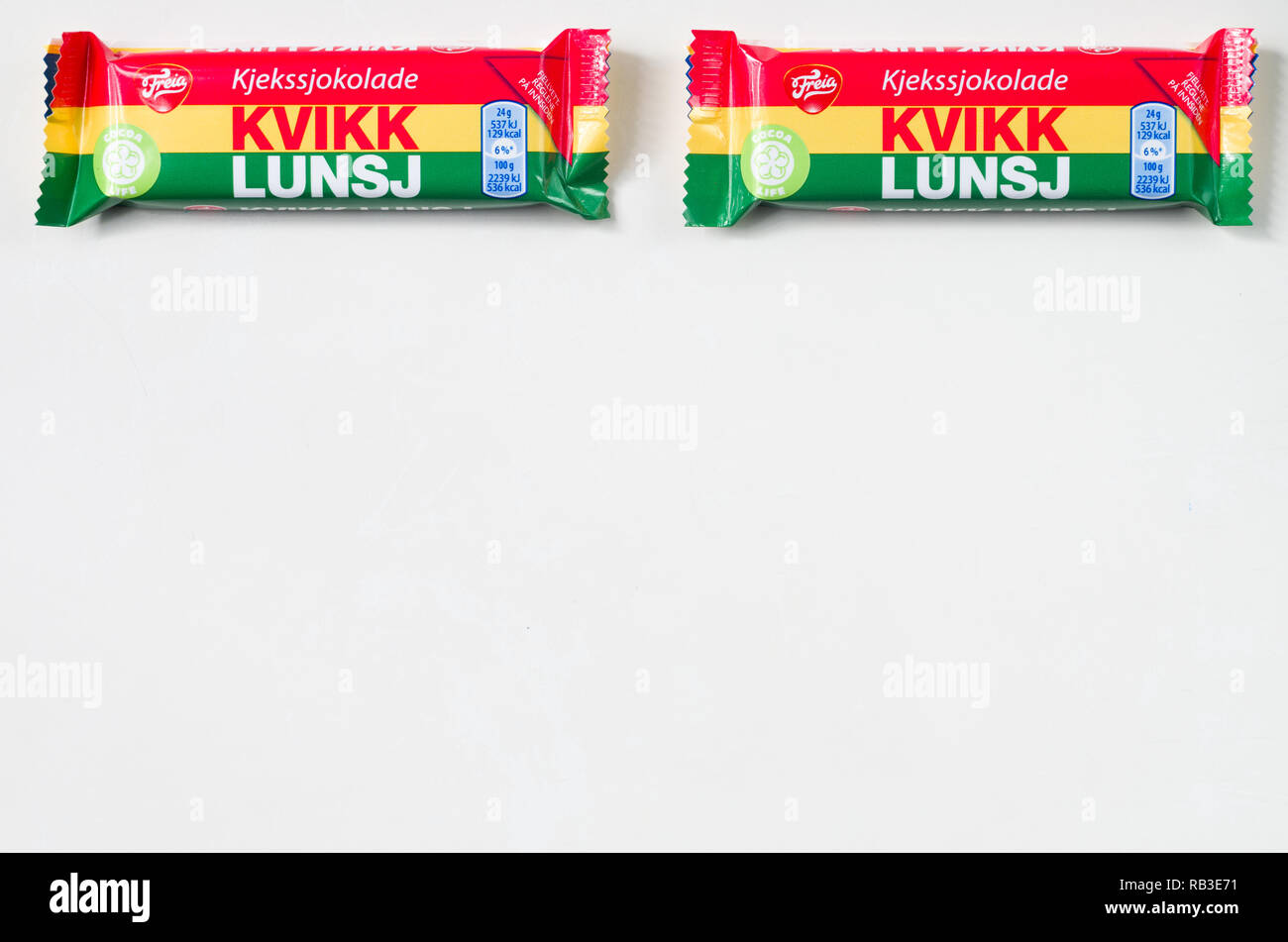 Norwegian traditional Kvikk Lunsj (smallest version) isolated on white ...