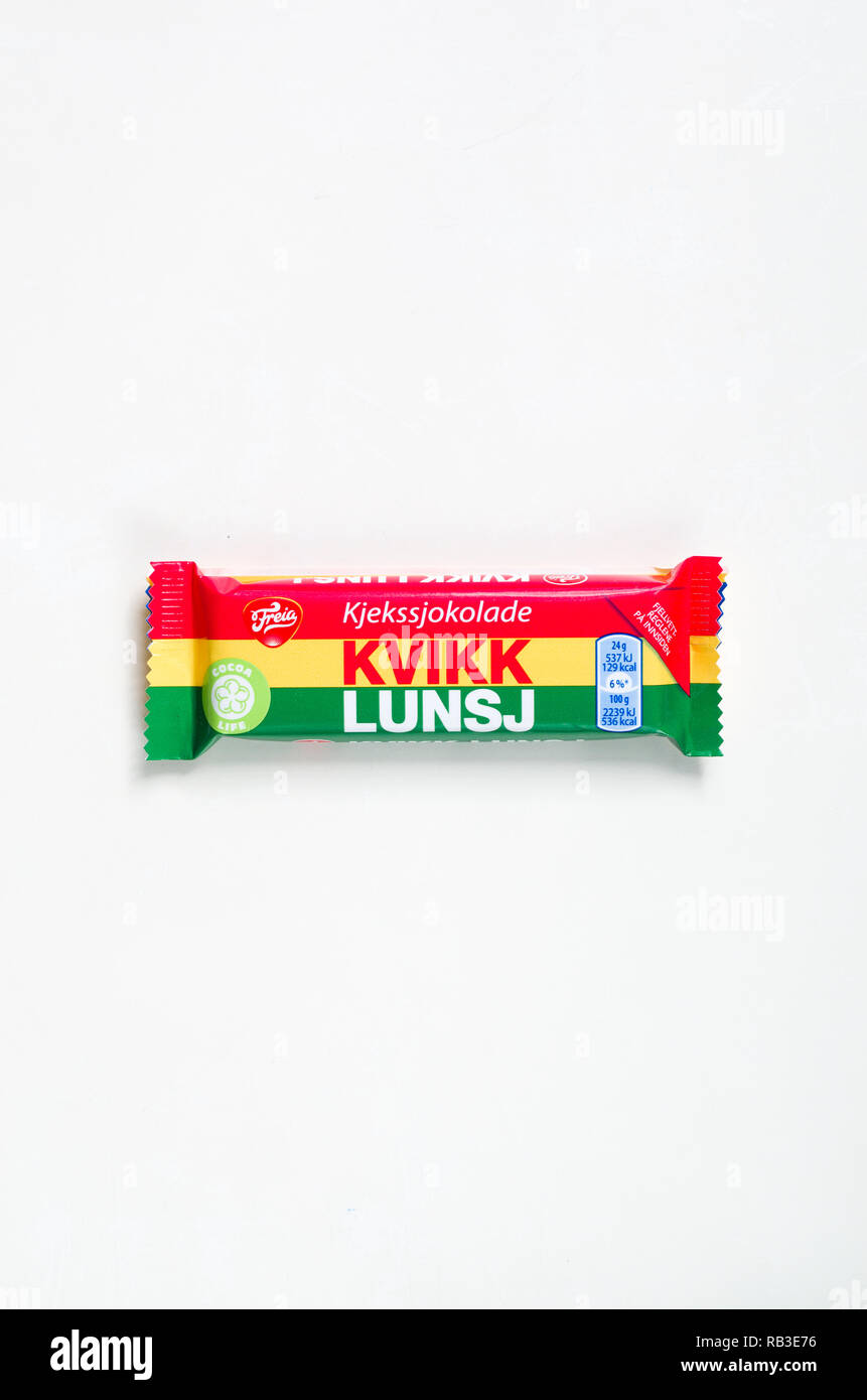 Norwegian traditional Kvikk Lunsj (smallest version) isolated on white ...