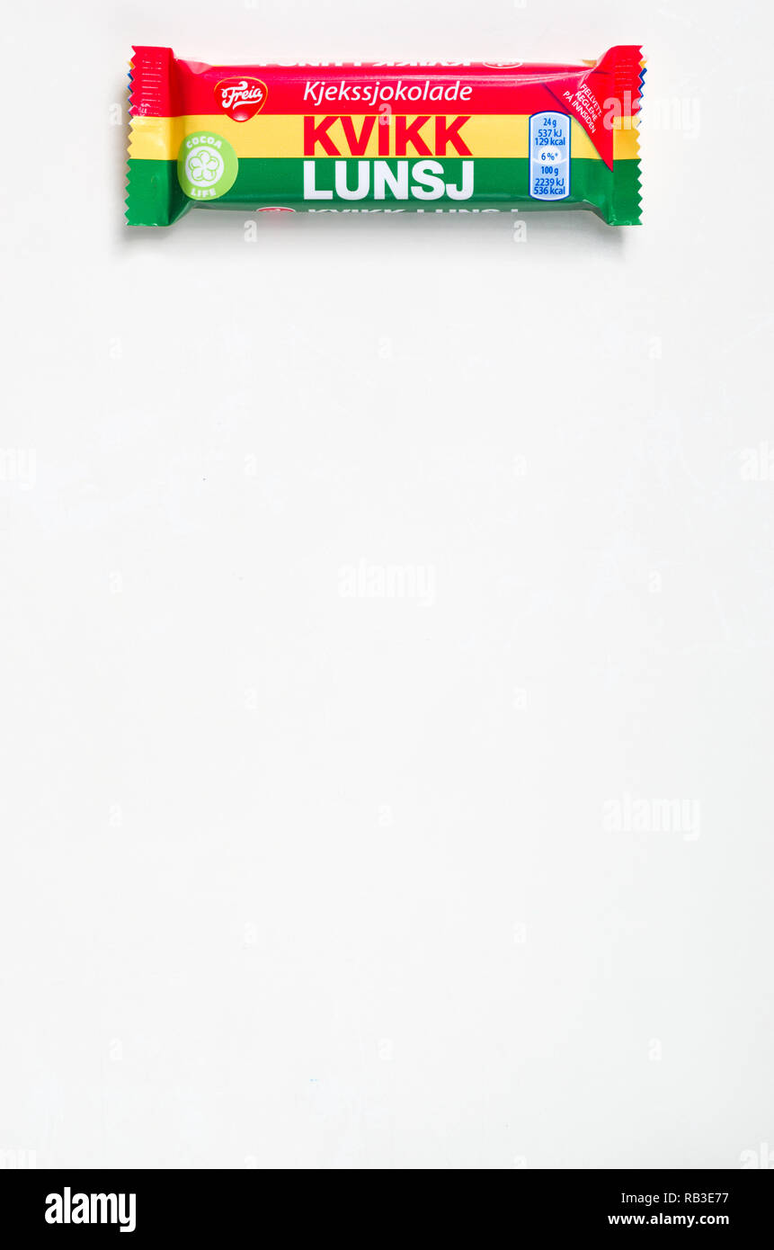 Norwegian traditional Kvikk Lunsj (smallest version) isolated on white ...