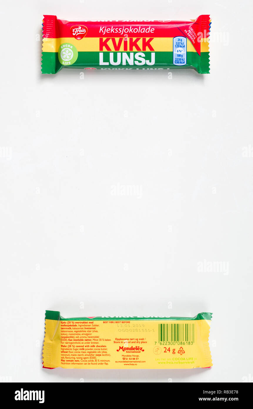 Norwegian traditional Kvikk Lunsj (smallest version) isolated on white ...