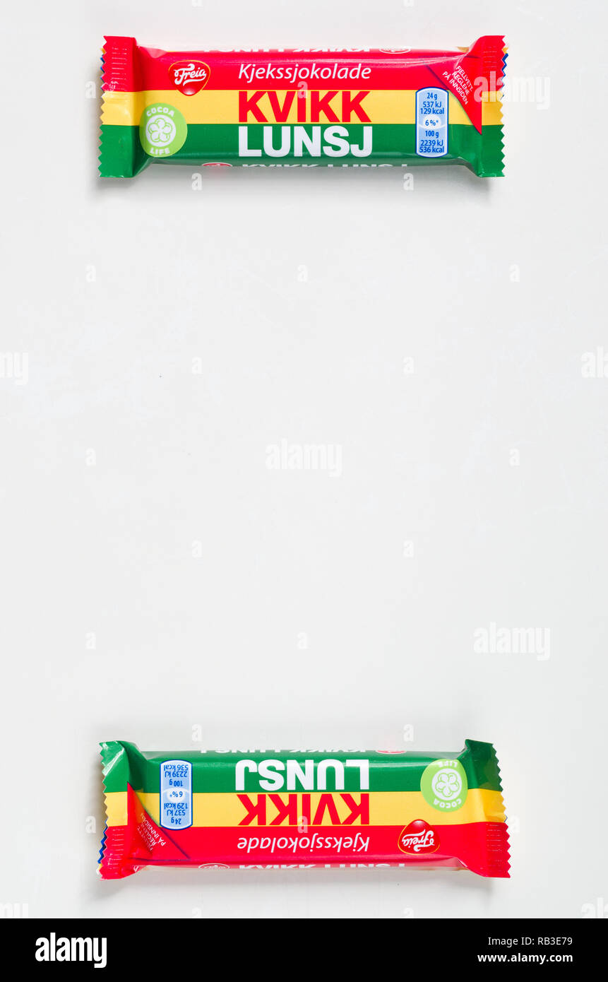 Norwegian traditional Kvikk Lunsj (smallest version) isolated on white ...