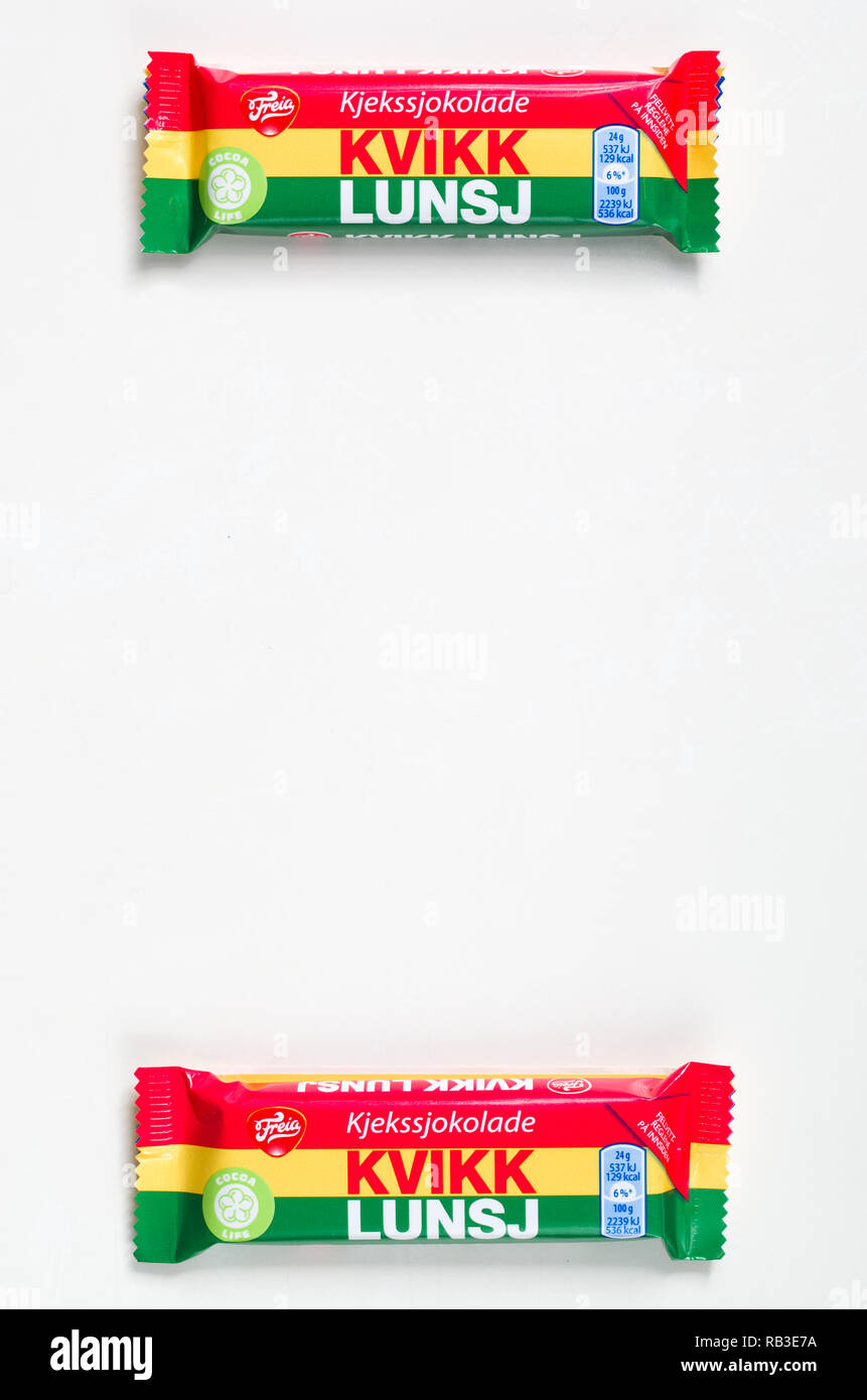 Norwegian traditional Kvikk Lunsj (smallest version) isolated on white ...