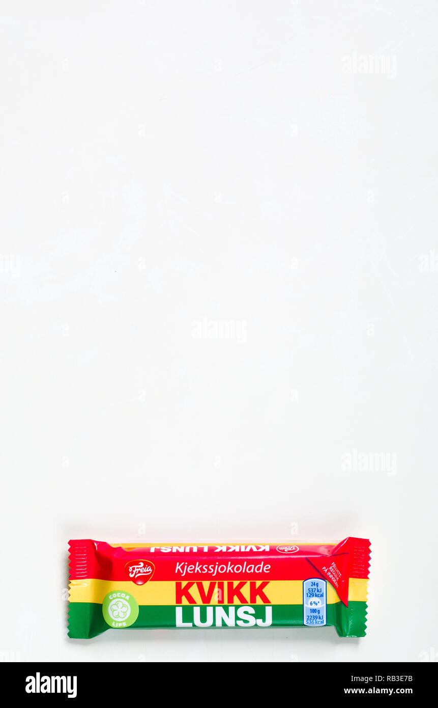 Norwegian traditional Kvikk Lunsj (smallest version) isolated on white ...