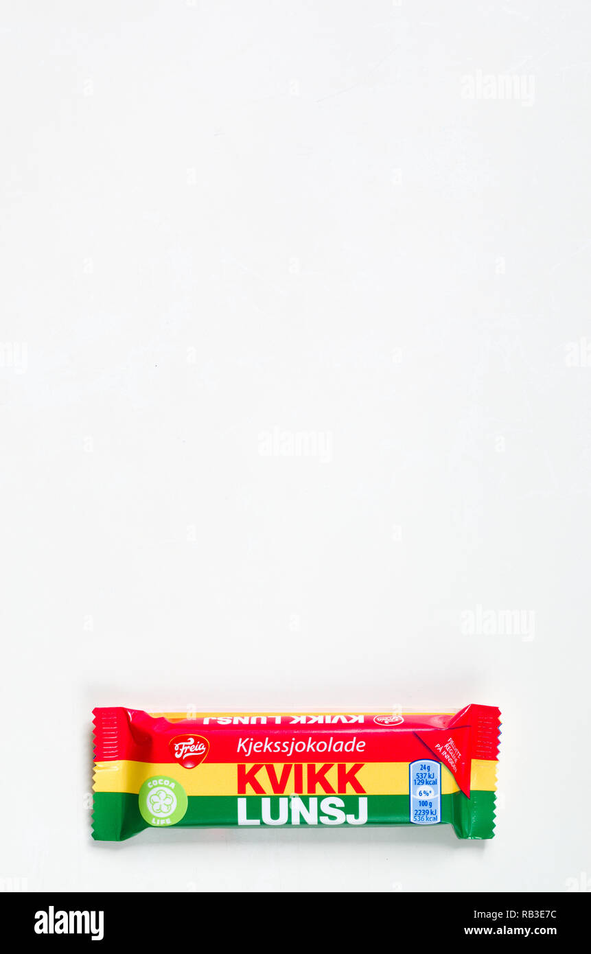 Norwegian traditional Kvikk Lunsj (smallest version) isolated on white ...