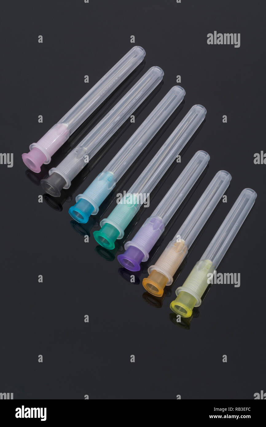 Close-up of hypodermic needles. Specifically BD Microlance brand (see ...