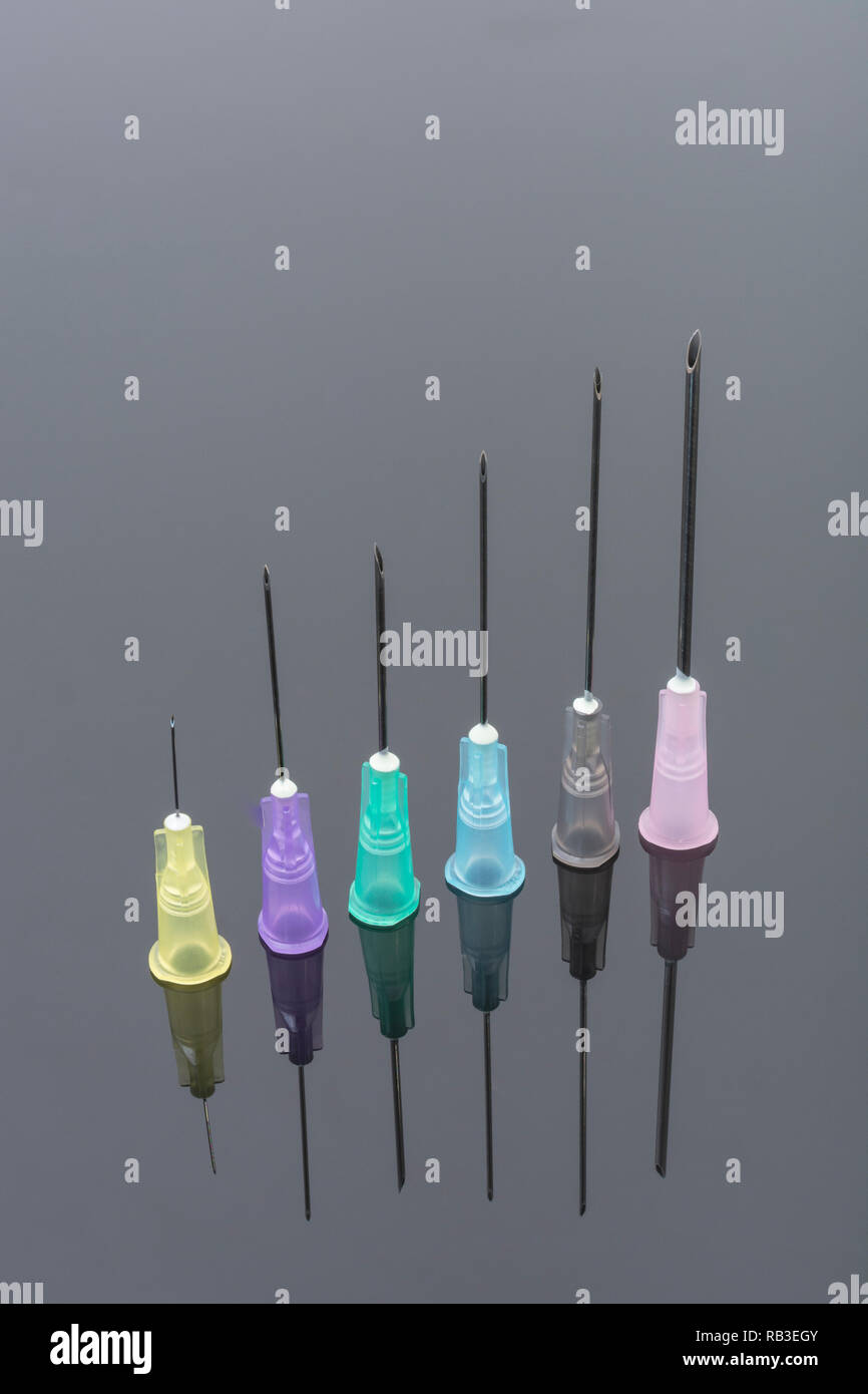 Close-up of hypodermic needles. Specifically BD Microlance brand (see ...