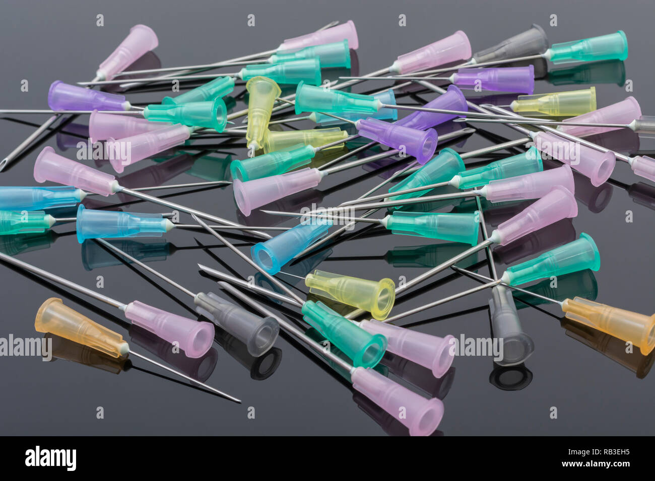 Close-up of hypodermic needles. Specifically BD Microlance brand (see ...