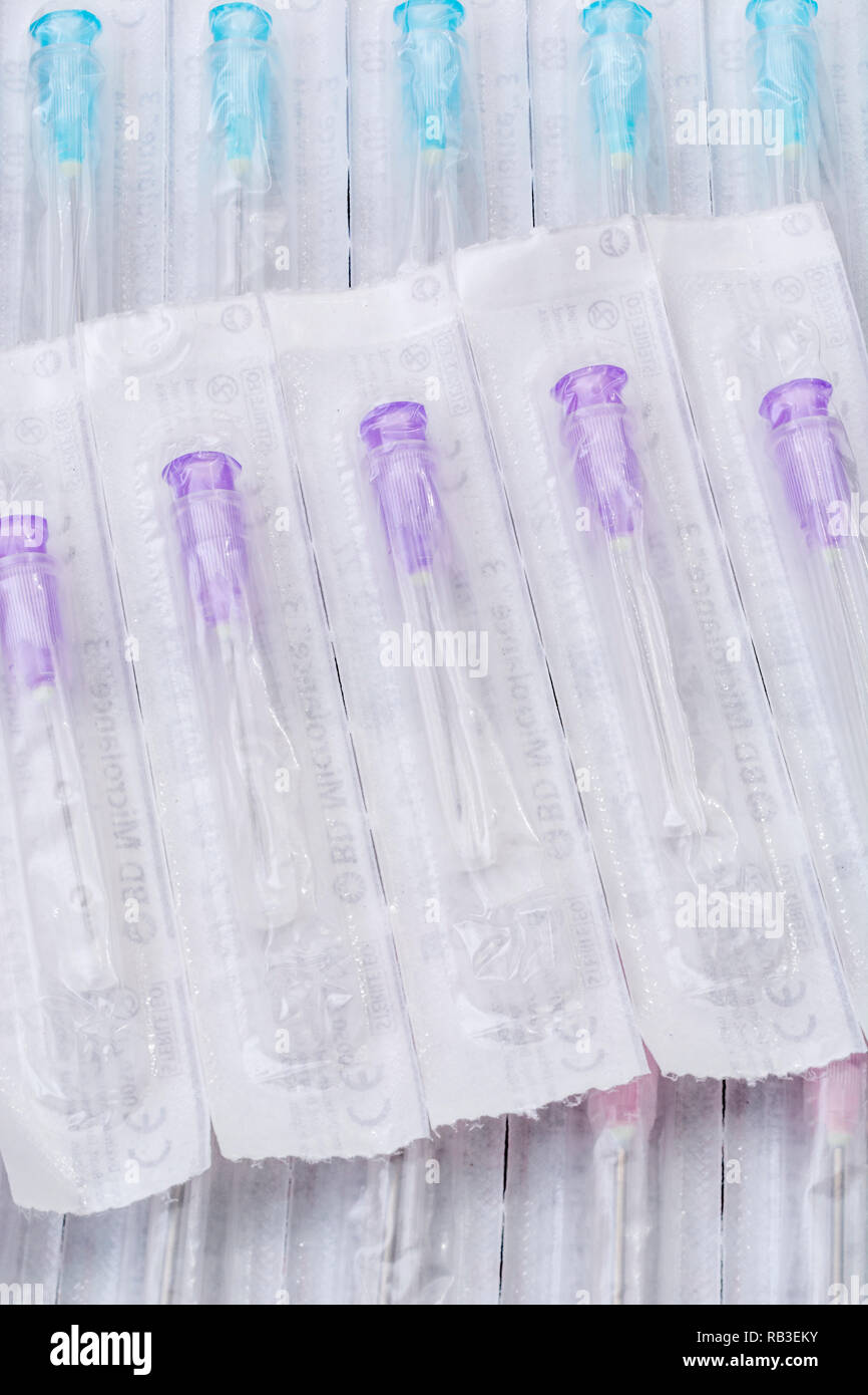 Close-up of hypodermic needles. Specifically BD Microlance brand (Add ...