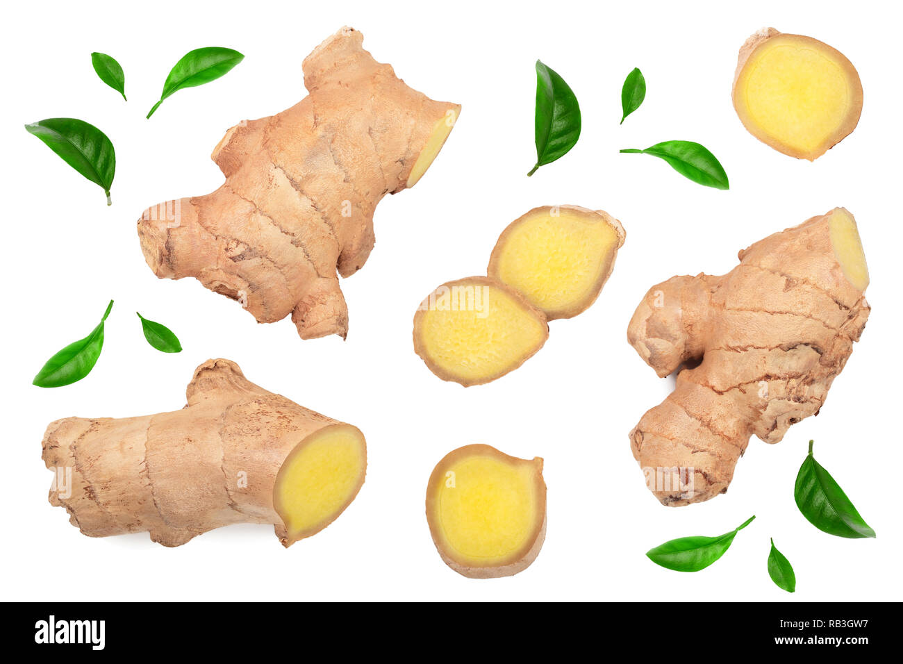fresh Ginger root and slice isolated on white background. Top view ...