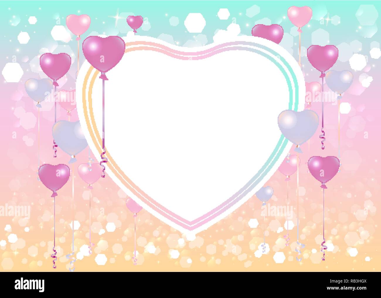 Bright Valentines Day Card with hearts balloons and blurred soft focus ...