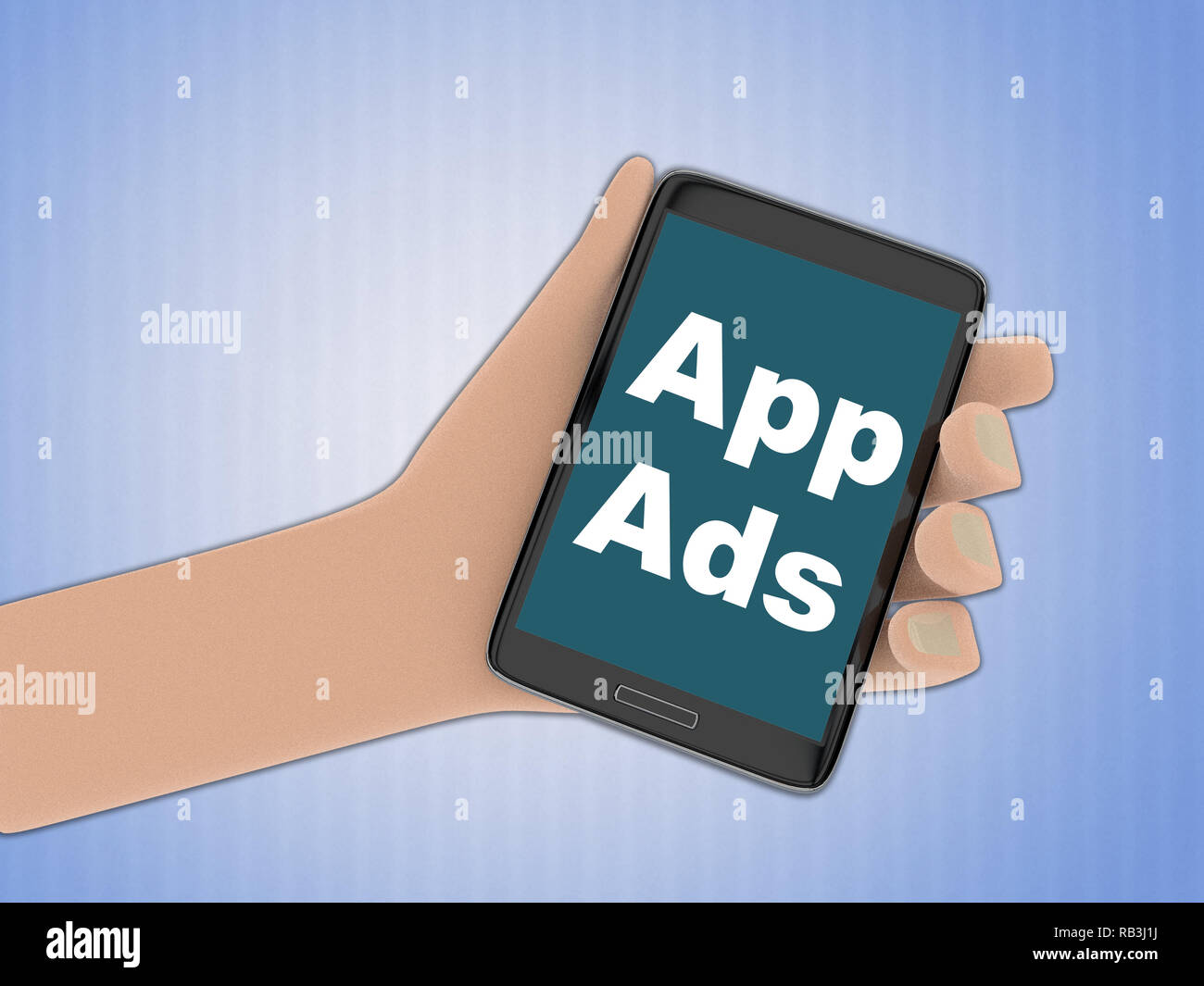 3D illustration of App Ads on the screen of a cellulr phone held by ...