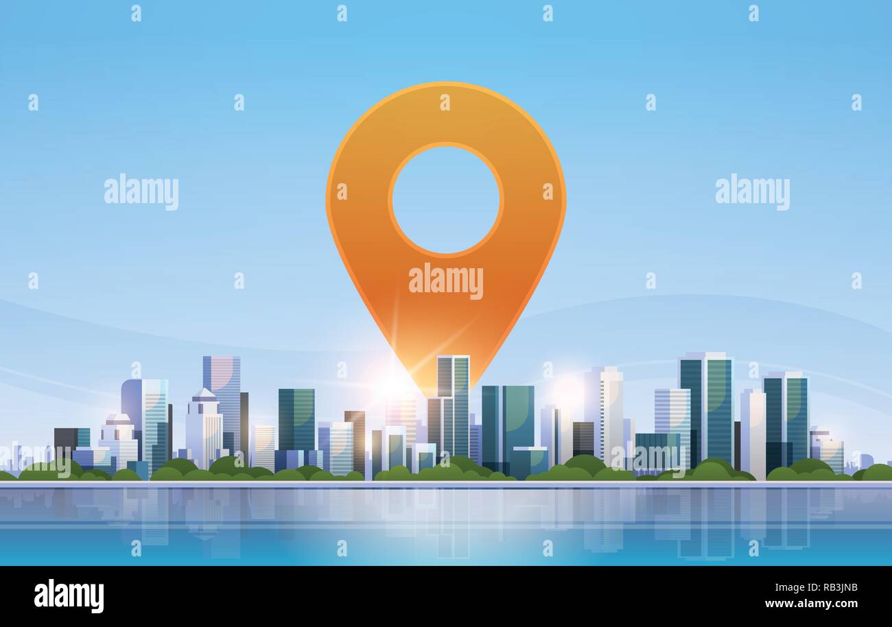 geolocation pin geo tag icon destination navigation position concept over big modern city ...