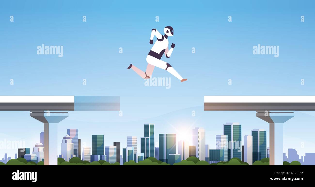 modern robot jumping over gap broken bridge abyss artificial ...