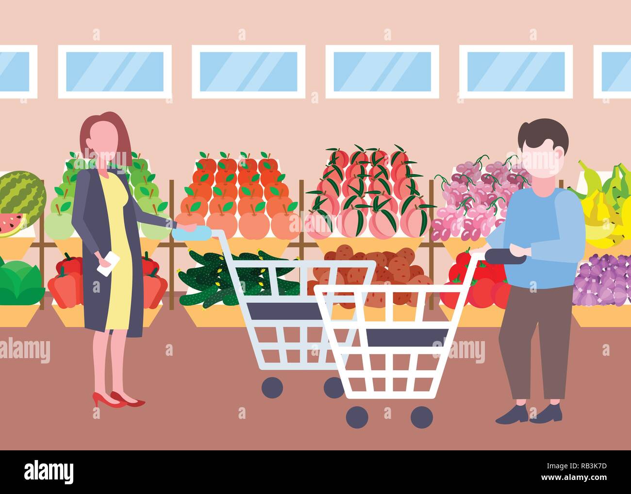 man woman customers holding trolley cart buying fresh organic fruits ...