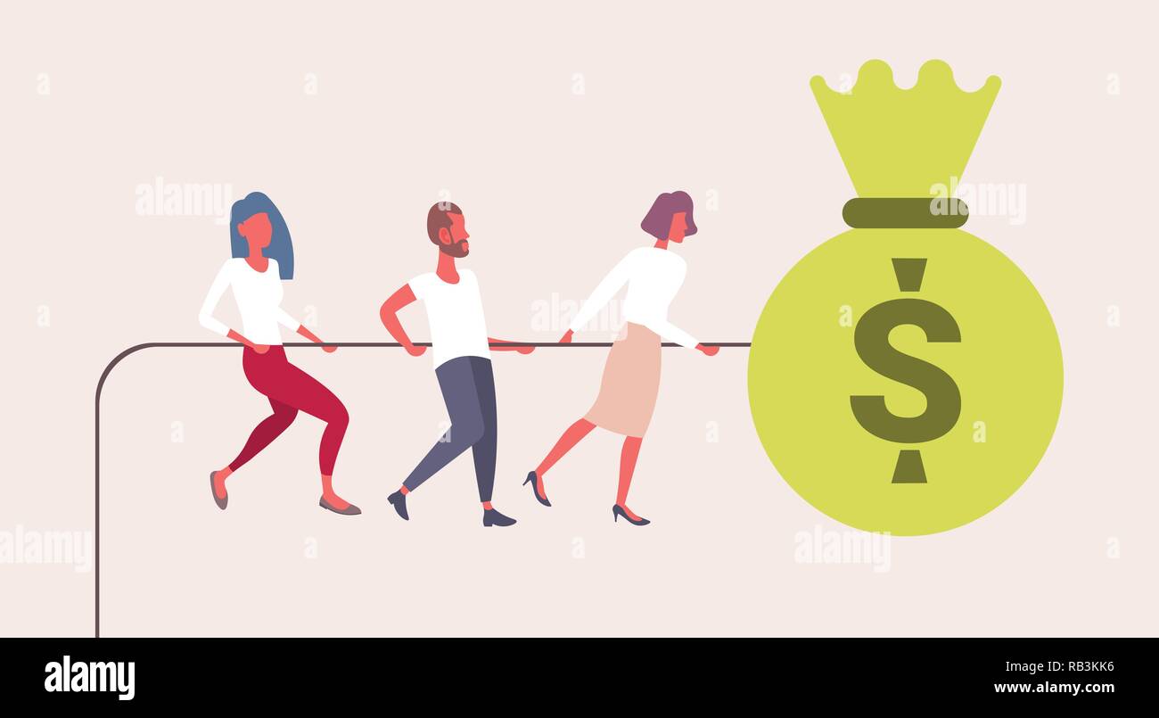 business people tying to pull rope big money bag dollar coin successful ...
