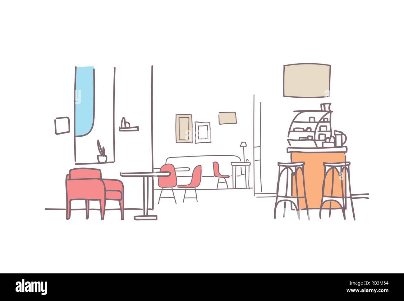 modern family cafe interior empty restaurant room furniture sketch ...