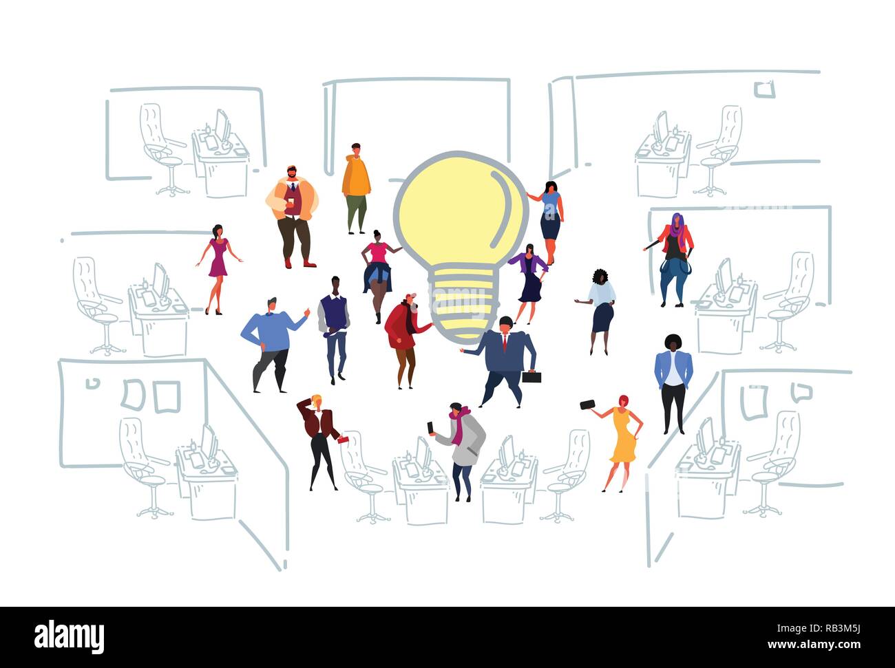 mix race business people generating new creative idea light lamp icon ...