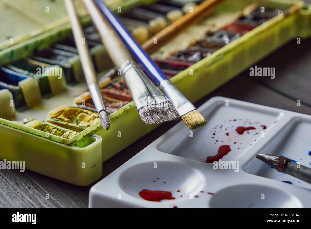 artist's tools, professional watercolor paints in a box, brushes ...