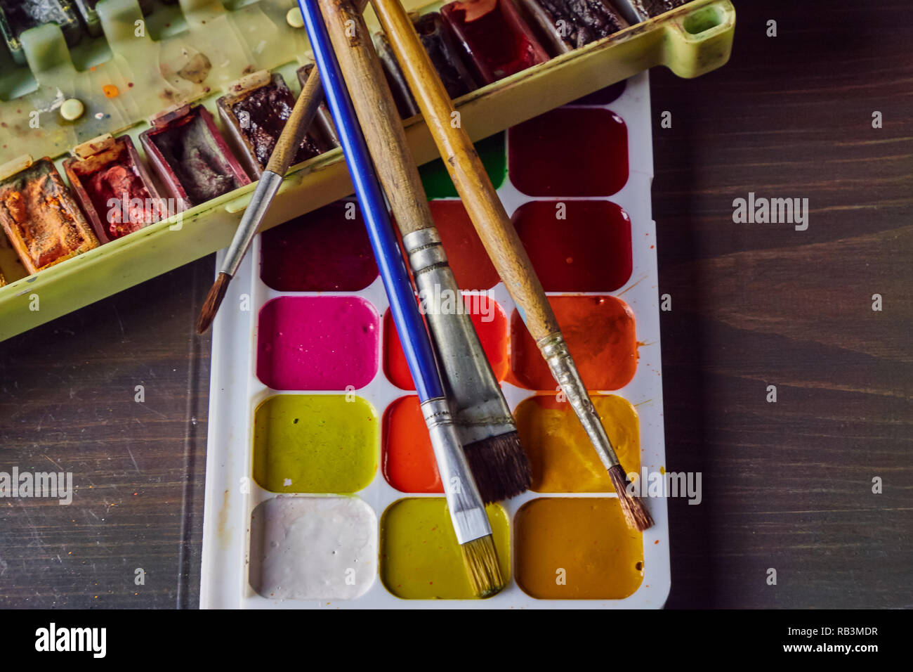 artist's tools, professional watercolor paints in a box, brushes ...