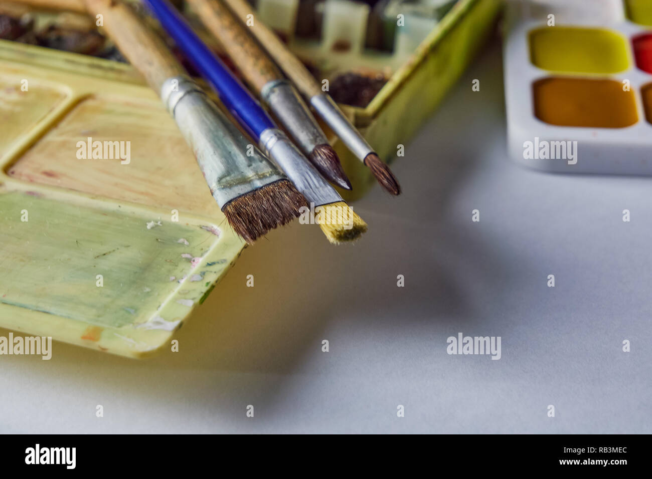 artist's tools, professional watercolor paints in a box, brushes ...