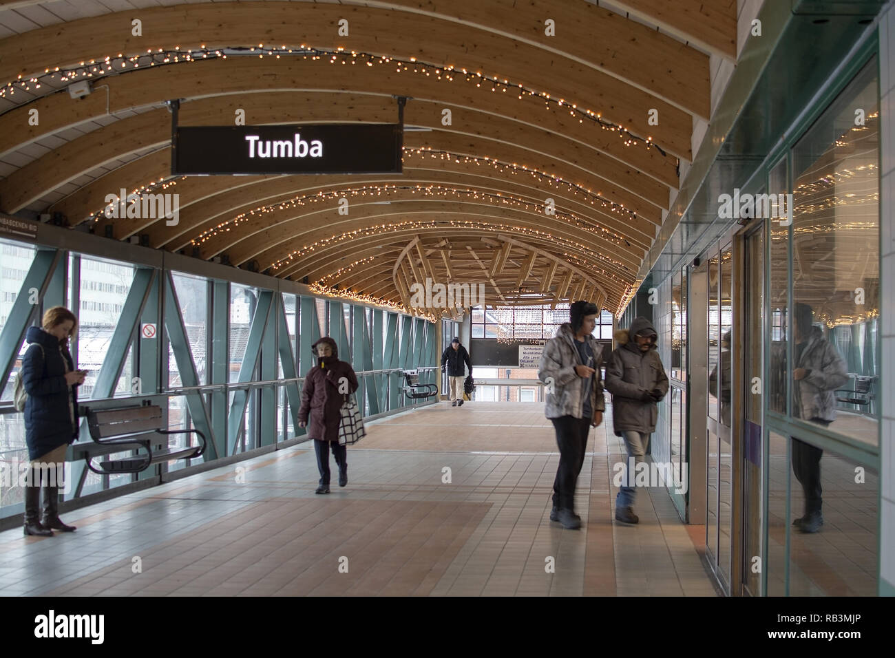 TUMBA, SWEDEN - DECEMBER 29, 2018: Details from Tumba commuter rail ...