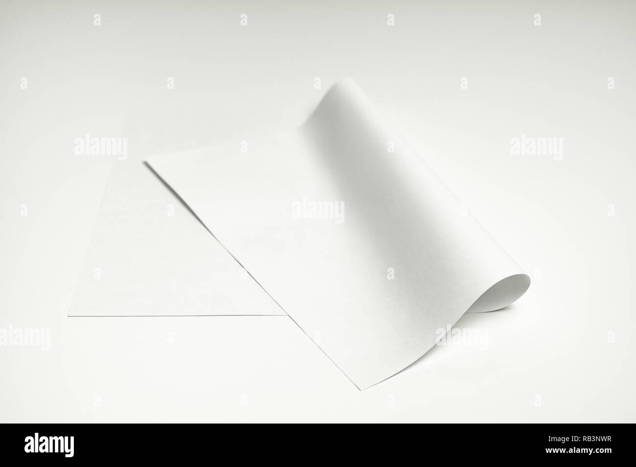 Blank paper sheet on white background. Close-up view of bent white ...