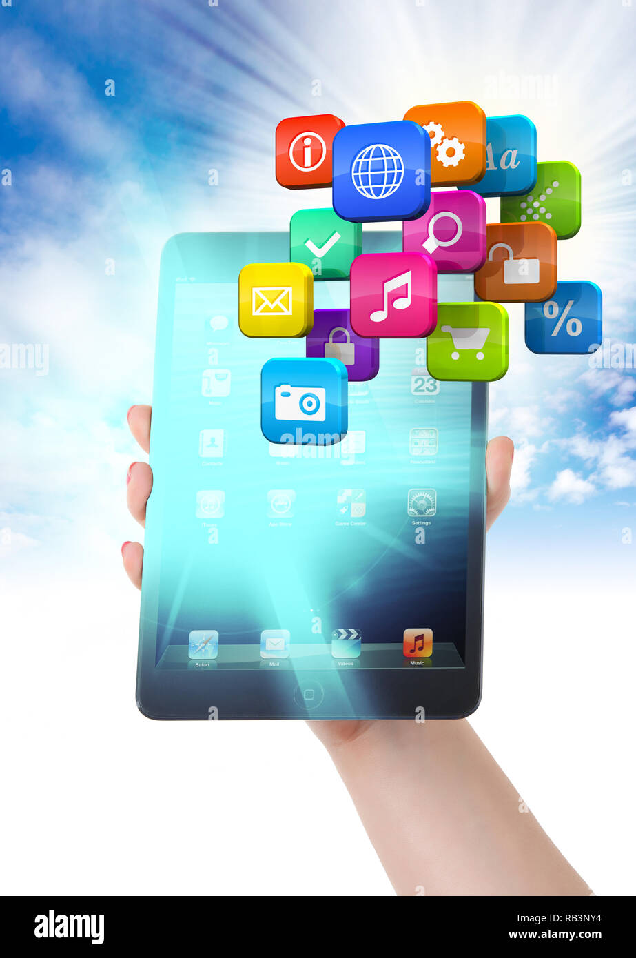 ipad mini - app explosion - A woman is holding a ipad various apps. Use ...
