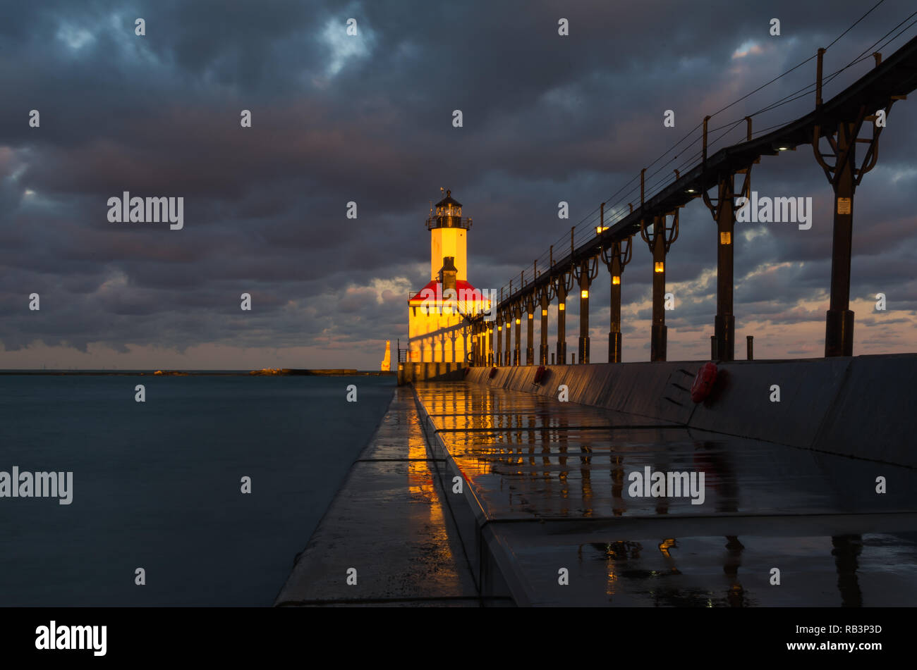 Michigan City Lighthouse at sunrise. Michigan City, Indiana, USA Stock ...