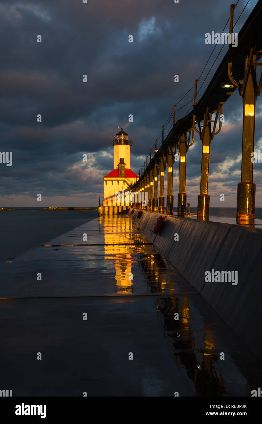 Michigan City Lighthouse at sunrise. Michigan City, Indiana, USA Stock ...