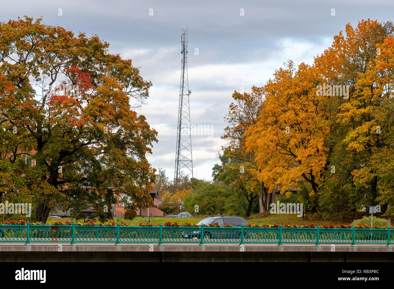 Dobele, Latvia. Autumn city landscape with bridges and colorful maples ...