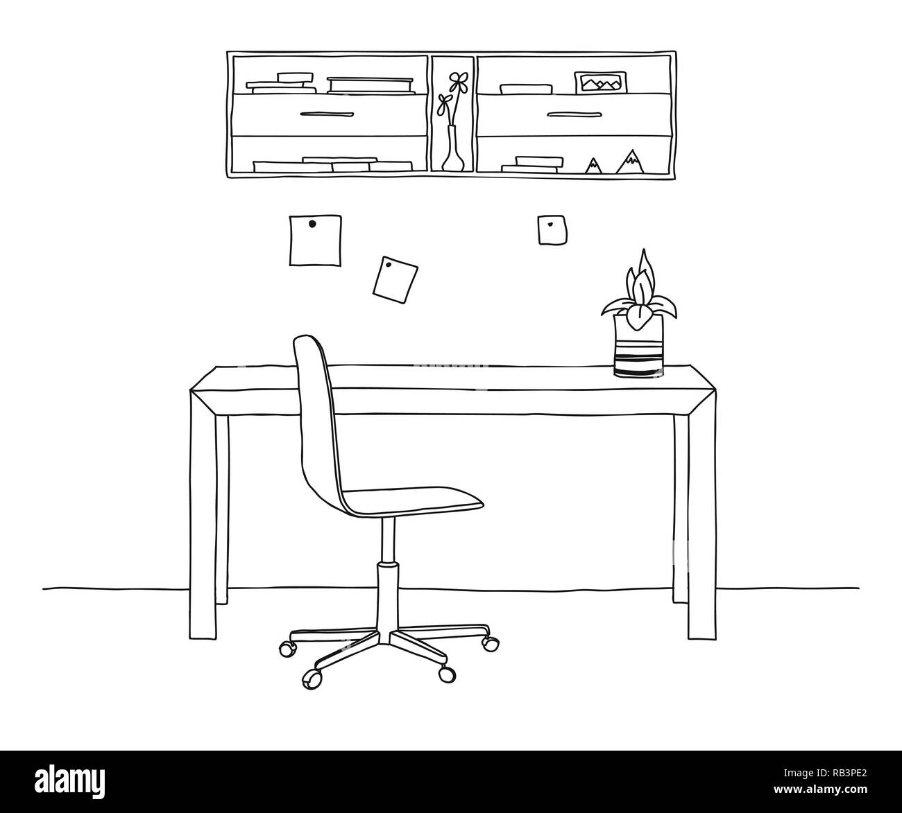 Sketch the room. Office chair, desk, various objects on the table ...