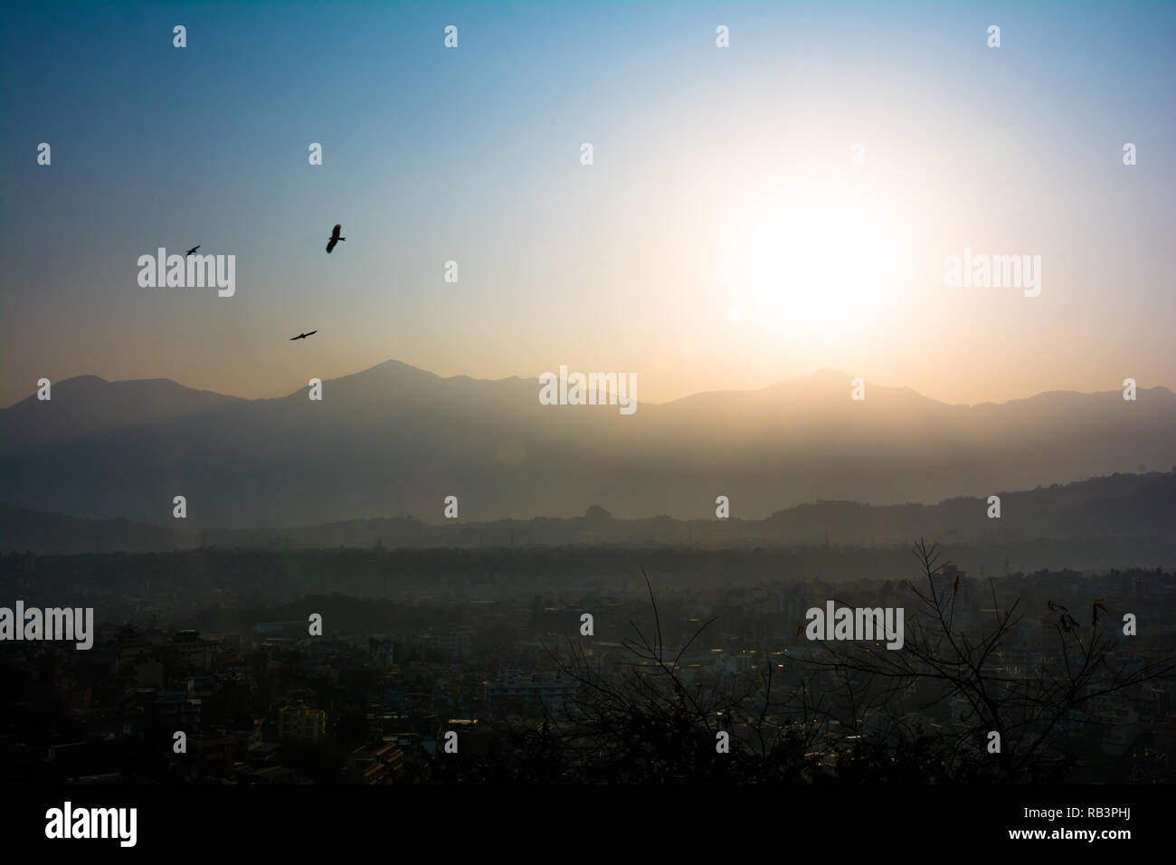 The romantic sunset view from Swayambhunath Stupa of Kathmandu. Taken ...