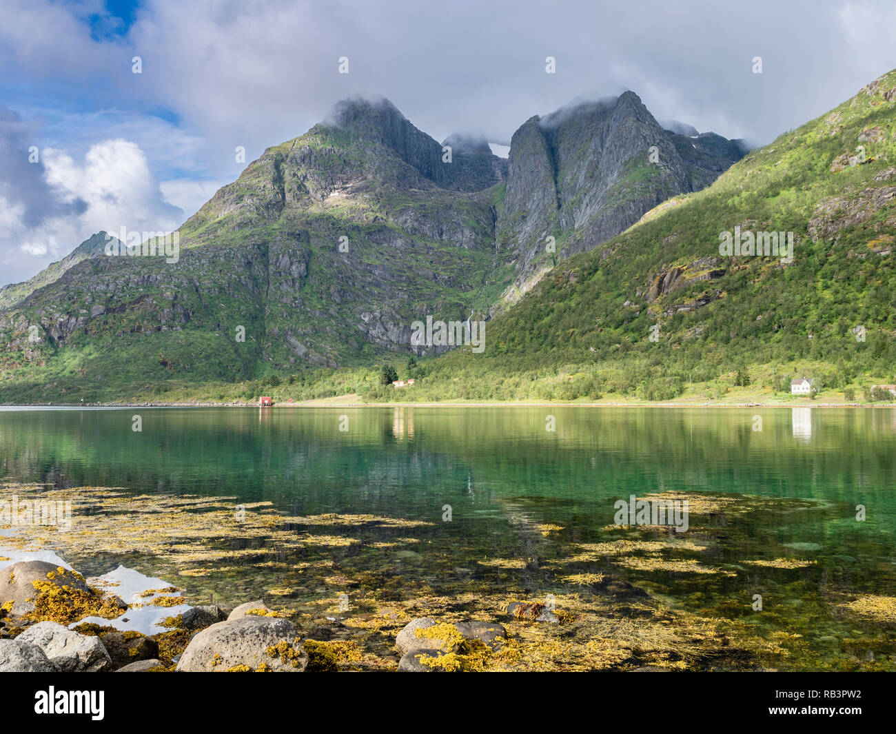 Shore at the Raftsund, the strait between islands Hinnøya and ...