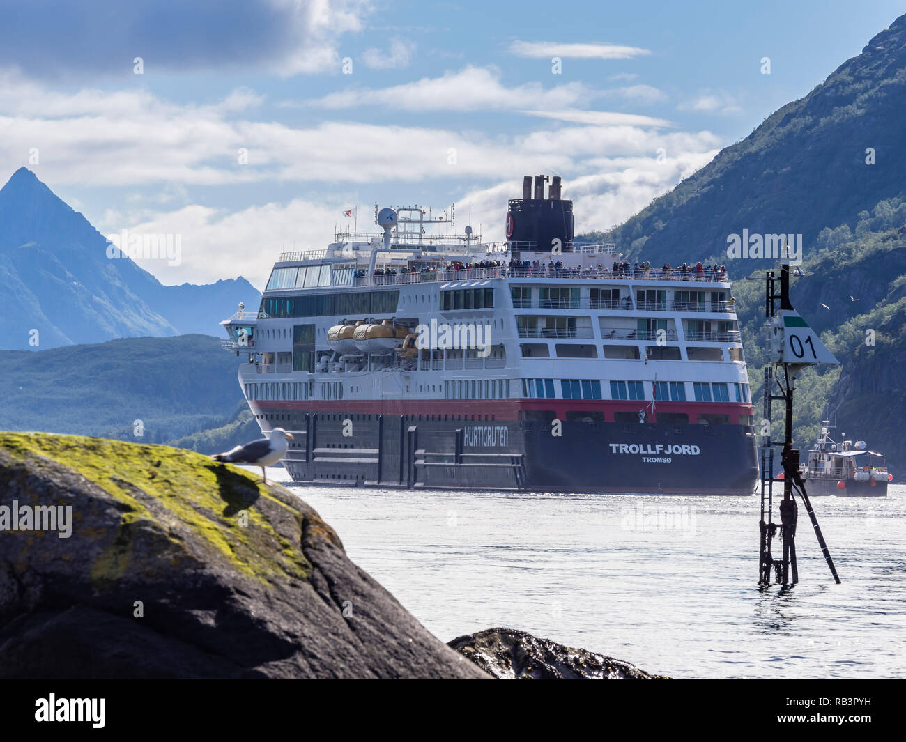 Hurtigruten cruise ship 'Trollfjord' passing the Raftsund, the strait ...
