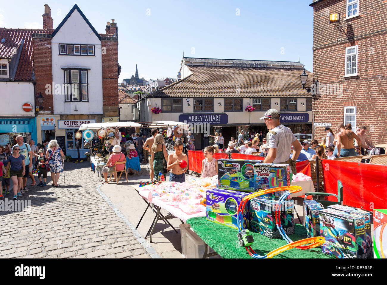 Market stalls in Market Square, Whitby, North Yorkshire, England ...