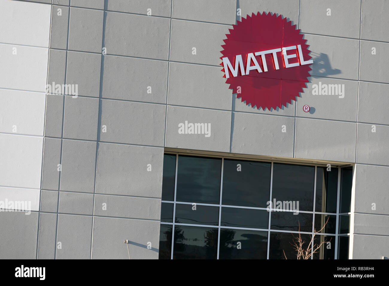 A logo sign outside of a facility occupied by Mattel in Jonestown ...