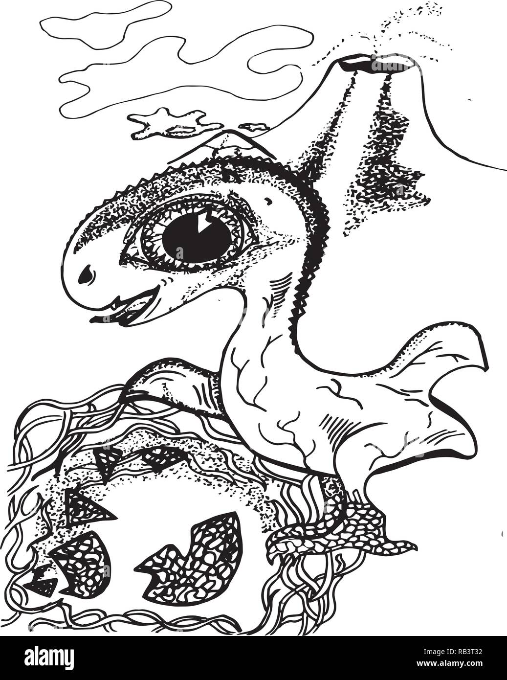 Illustration of a newborn dragon with the volcano on the background ...